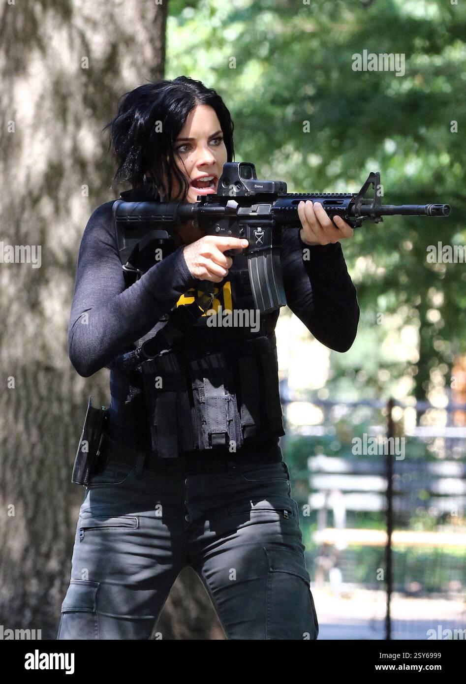 Actress Jaimie Alexander shoots a scene as her character 'Jane Doe' on the set of the TV show ...