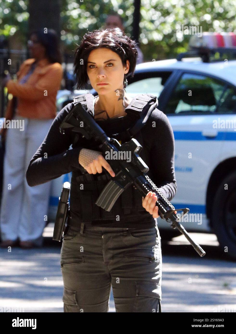 Actress Jaimie Alexander shoots a scene as her character 'Jane Doe' on the set of the TV show ...