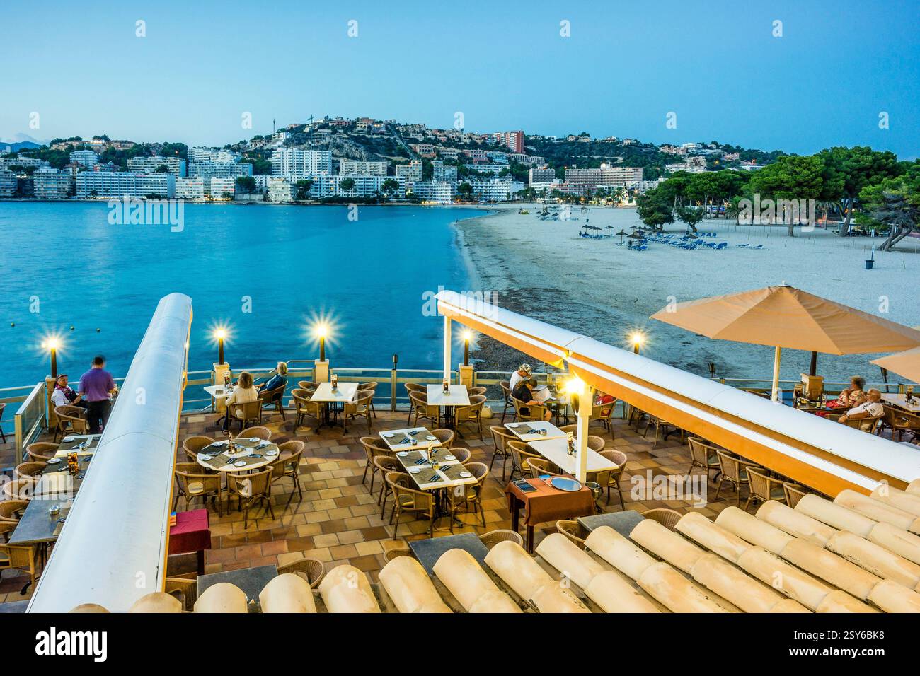 restaurant on the beach, Santa Ponsa beach, Calvia, Mallorca, Balearic ...