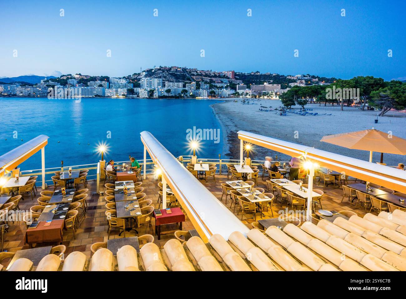 restaurant on the beach, Santa Ponsa beach, Calvia, Mallorca, Balearic ...