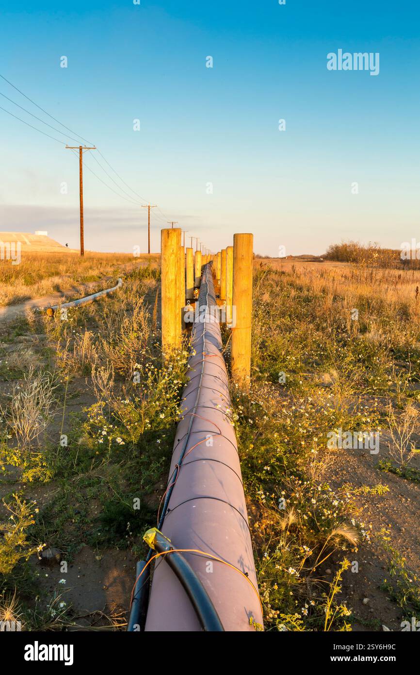 Long pipe is in the middle of a field. The pipe is surrounded by a ...