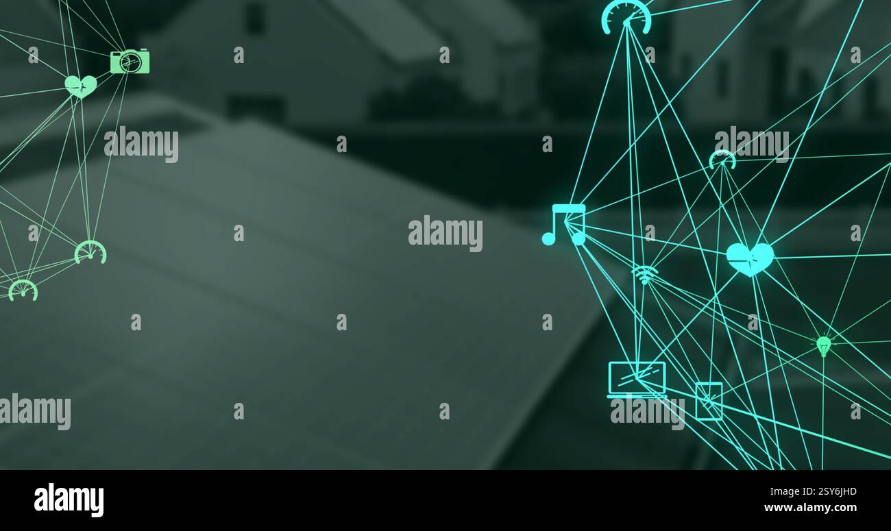 Image of network of connections with icons over houses Stock Photo - Alamy