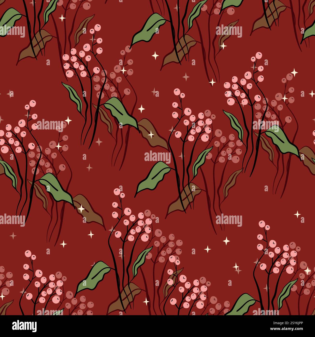 Christmas seamless pattern. Holiday Background with berry fruit. Doodle ...