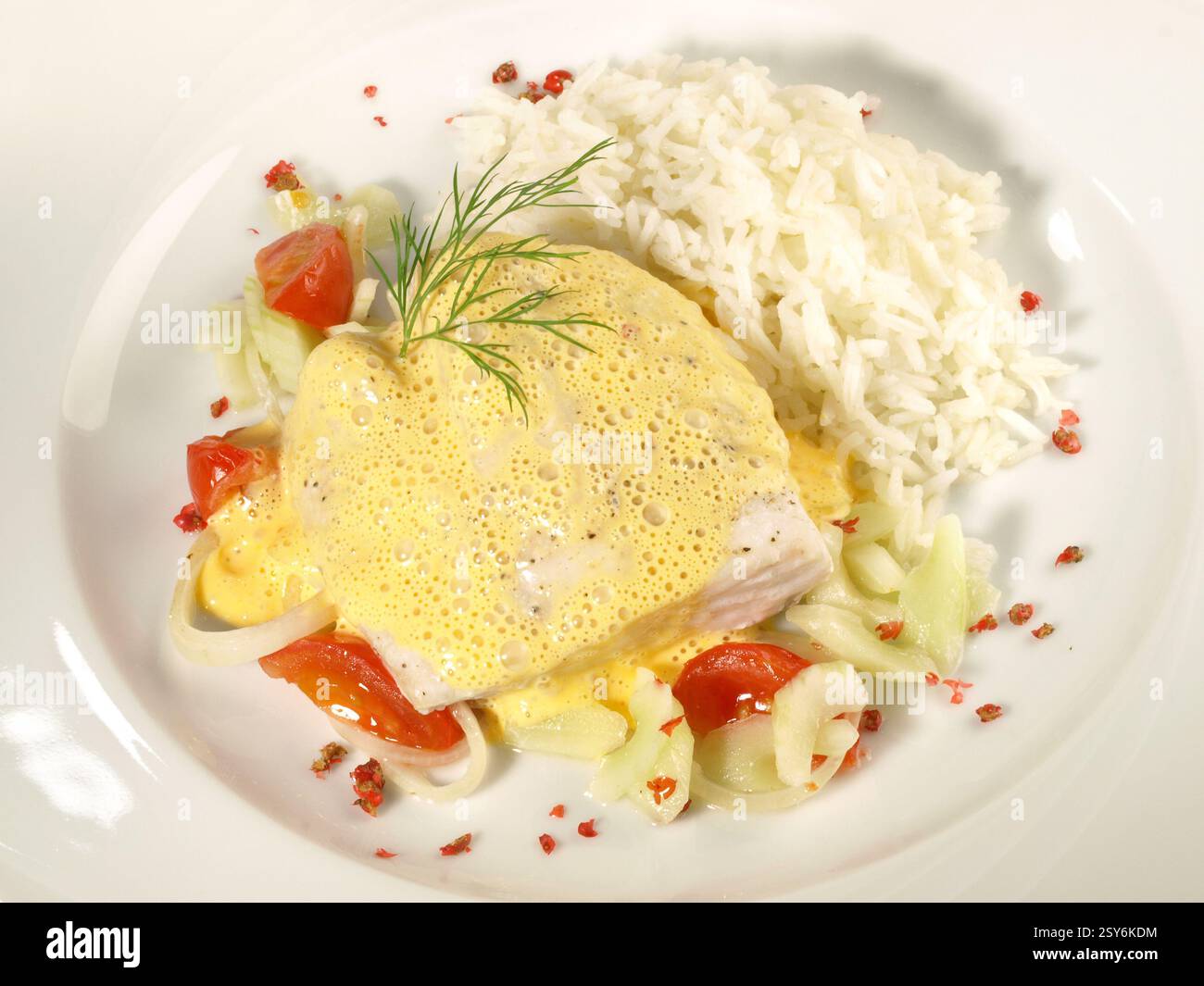 Atlantic Pollack Fish with Lobster Sauce Stock Photo - Alamy