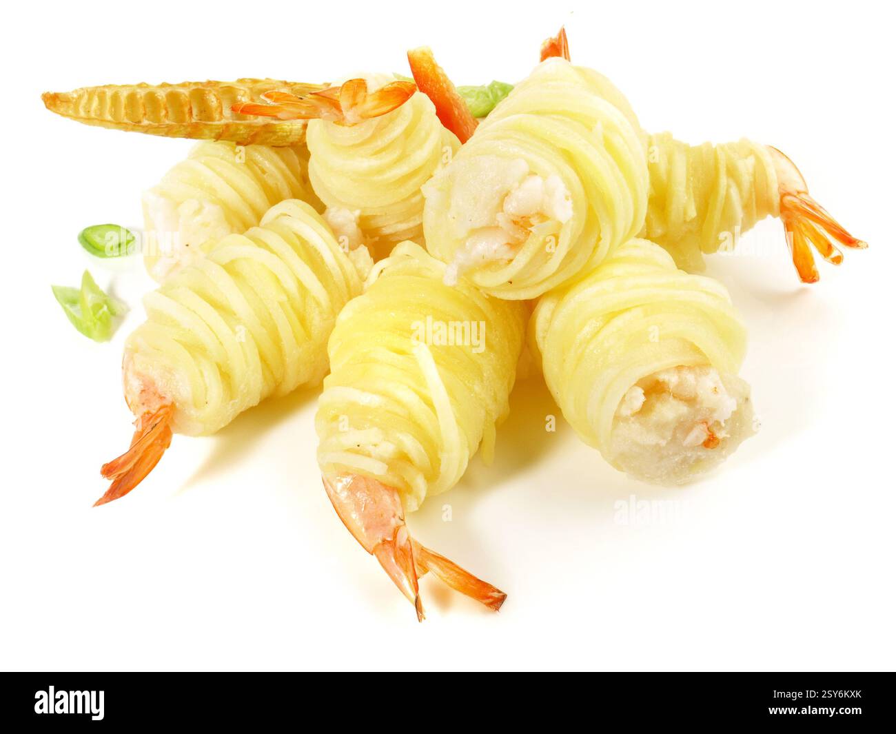 Frozen Prawn wrapped in Potato on white Background Stock Photo - Alamy