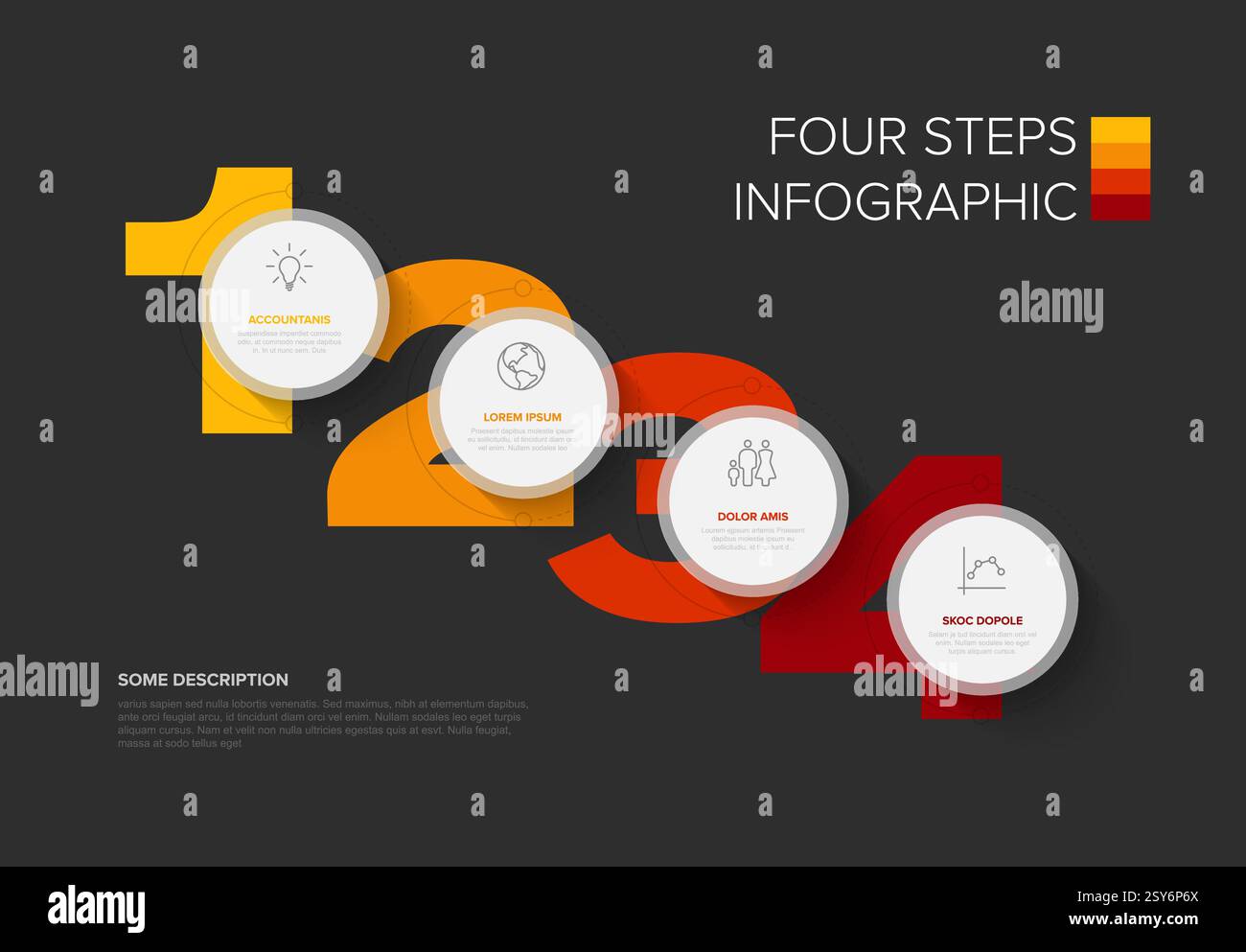 A dark four-step circular diagonal infographic displays numbers and ...