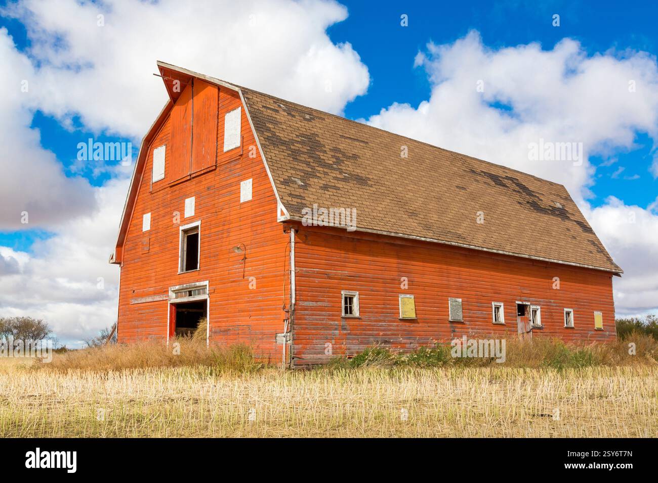 Red barn with a white roof. The barn is empty and has a lot of windows ...