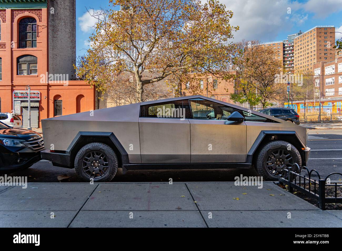 New York, NY, US–November 11, 2024: A Tesla Cybertruck pickup parked on ...