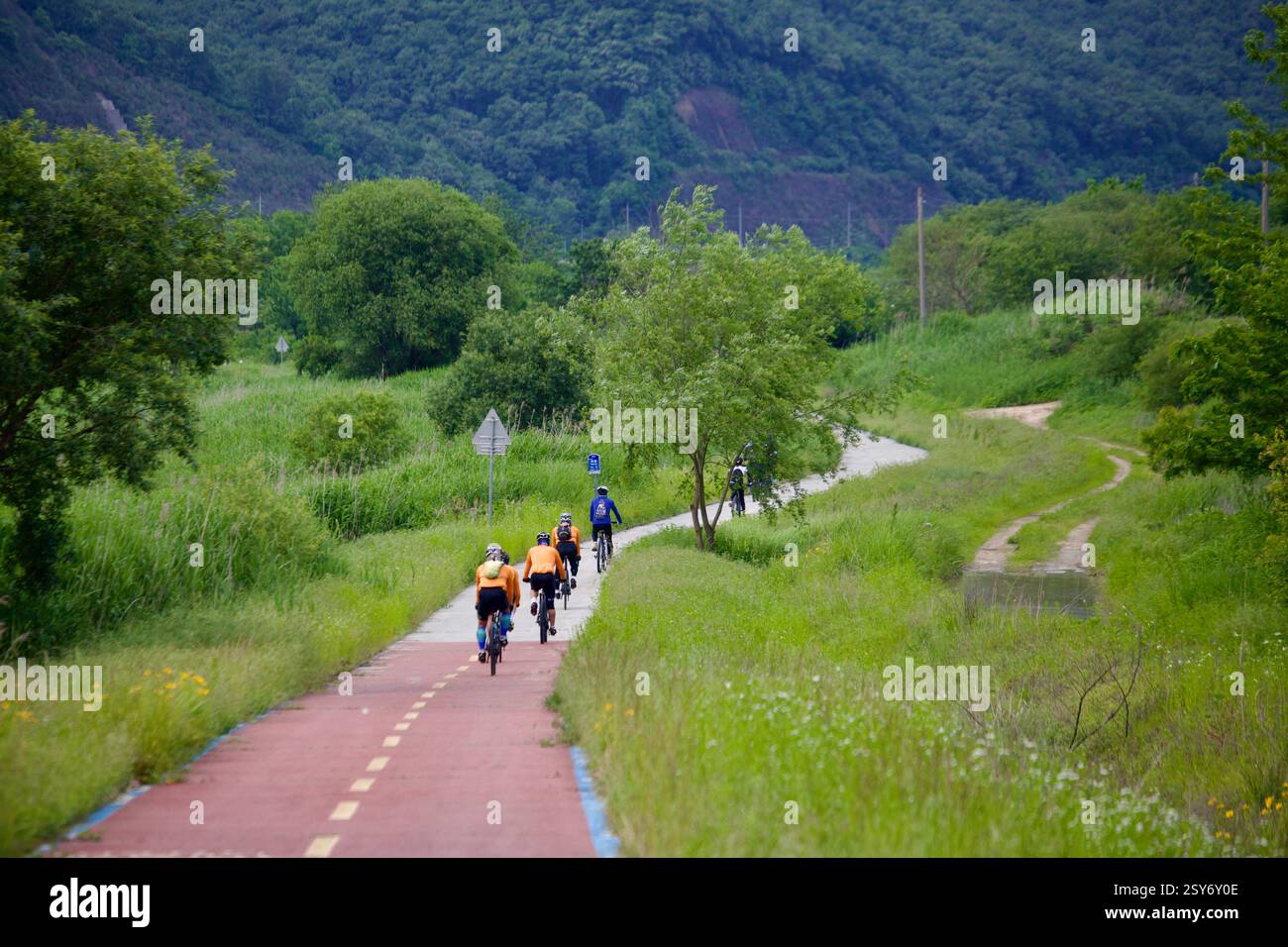 Sejong City, South Korea - May 27, 2021: A group of cyclists ride along ...