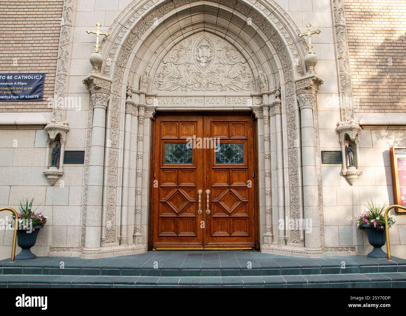 Denver, Colorado, USA - 14 July 2024: Ornate wooden doors lead to Holy ...