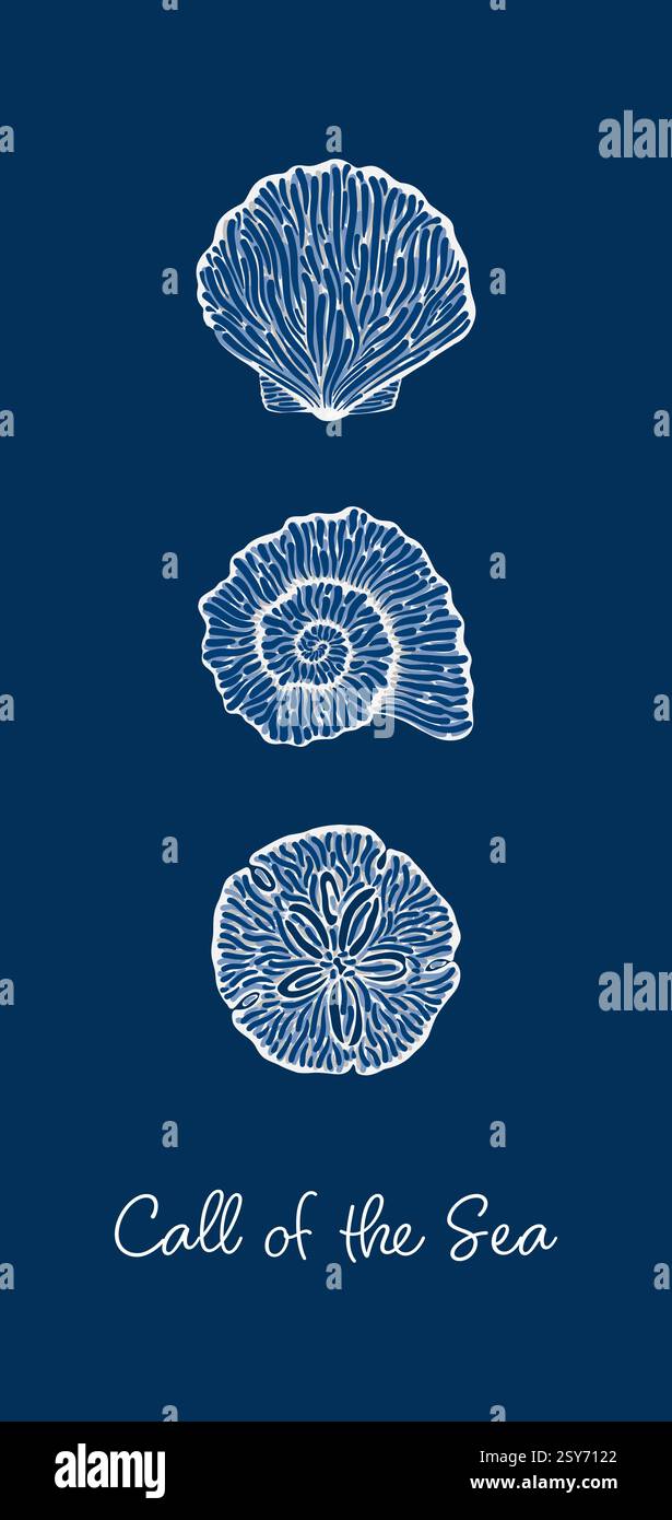 Stylized white shell illustrations on dark blue background with Call of ...