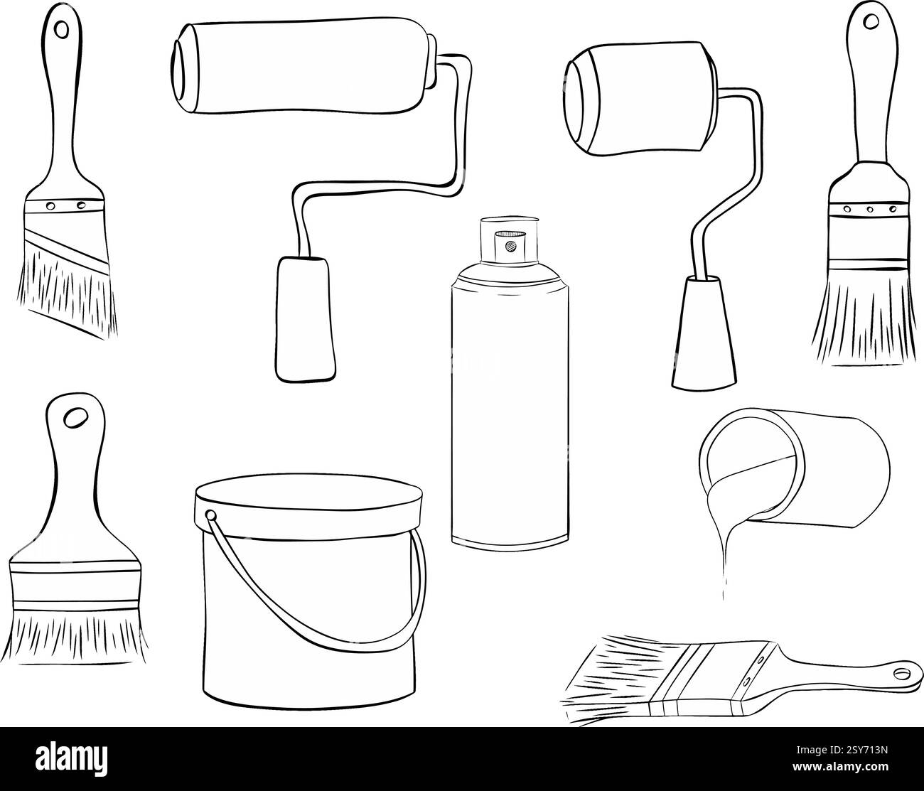 Set of painter rollers brushes, tools, color can and aerograph isolated ...