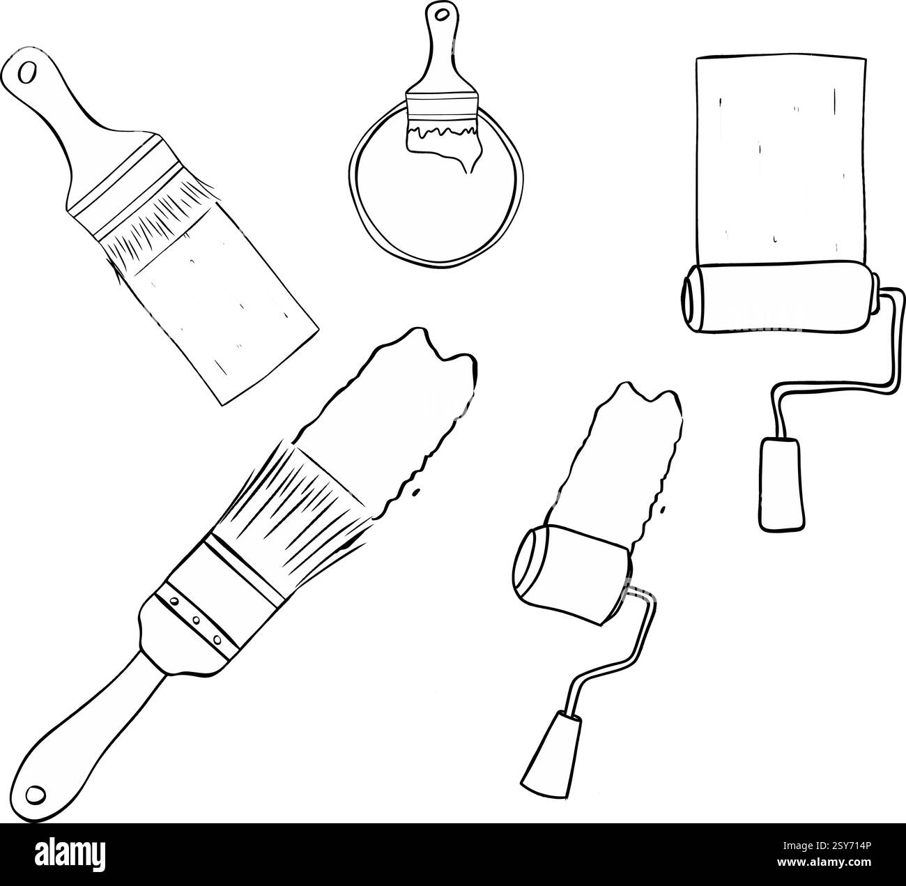 Paint rollers and brushes with strokes set. Vector graphic line ink ...
