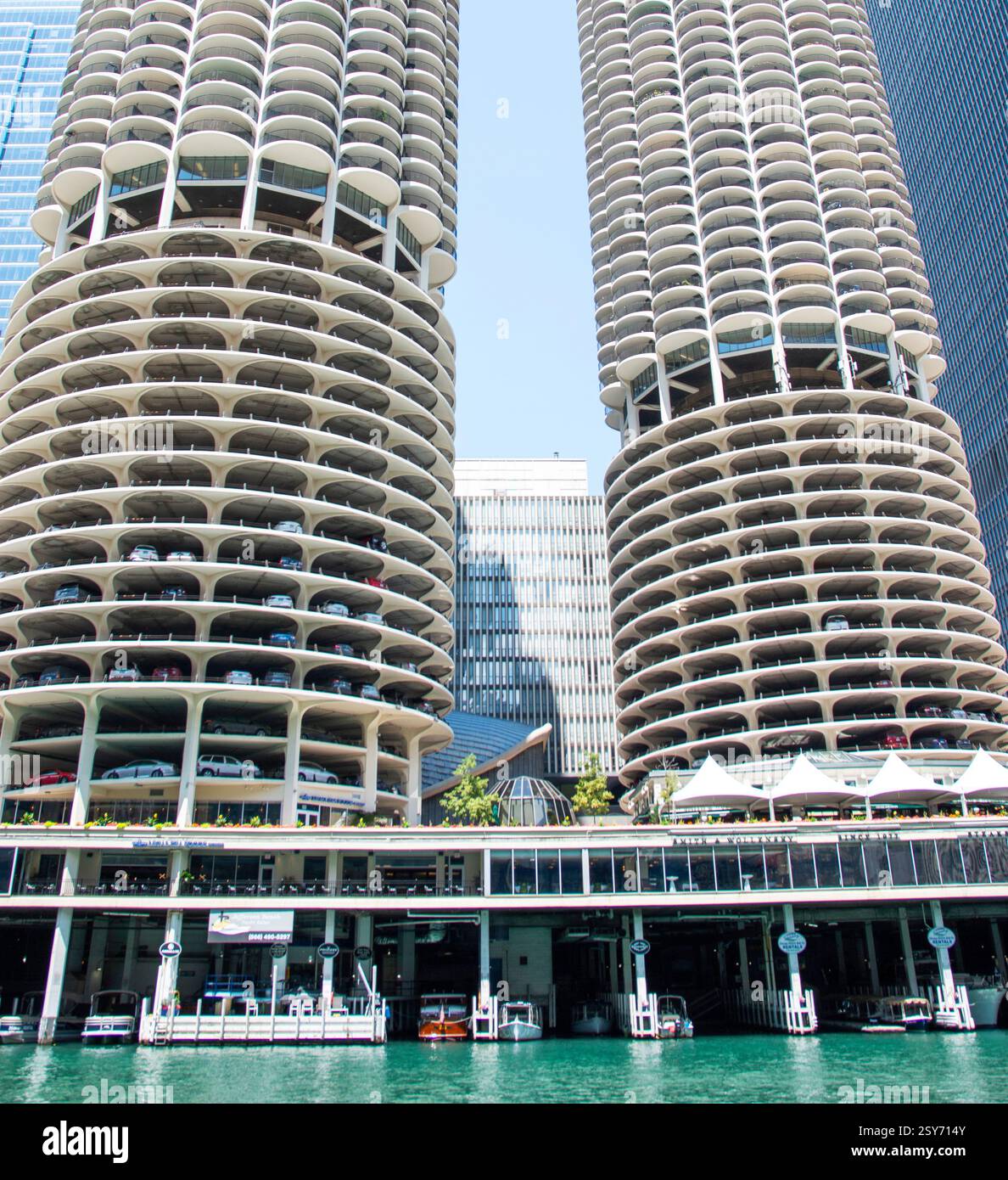 Chicago, Illinois, USA - 18 July 2024: Two distinctive circular high ...
