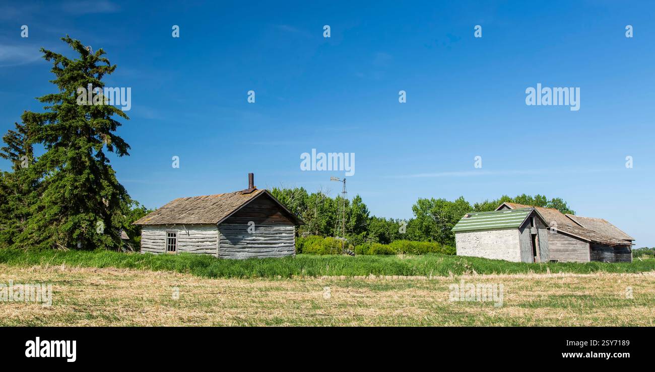 Small house with a chimney sits in a field. There is another house in ...