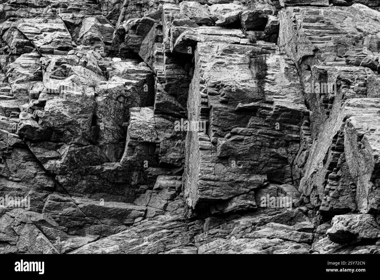 Black and white detail of a slate quarry cliff face in the UNESCO World ...