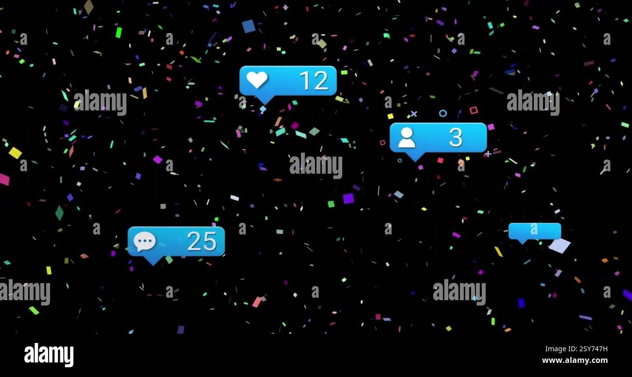 Image of social media notifications over confetti falling on black ...