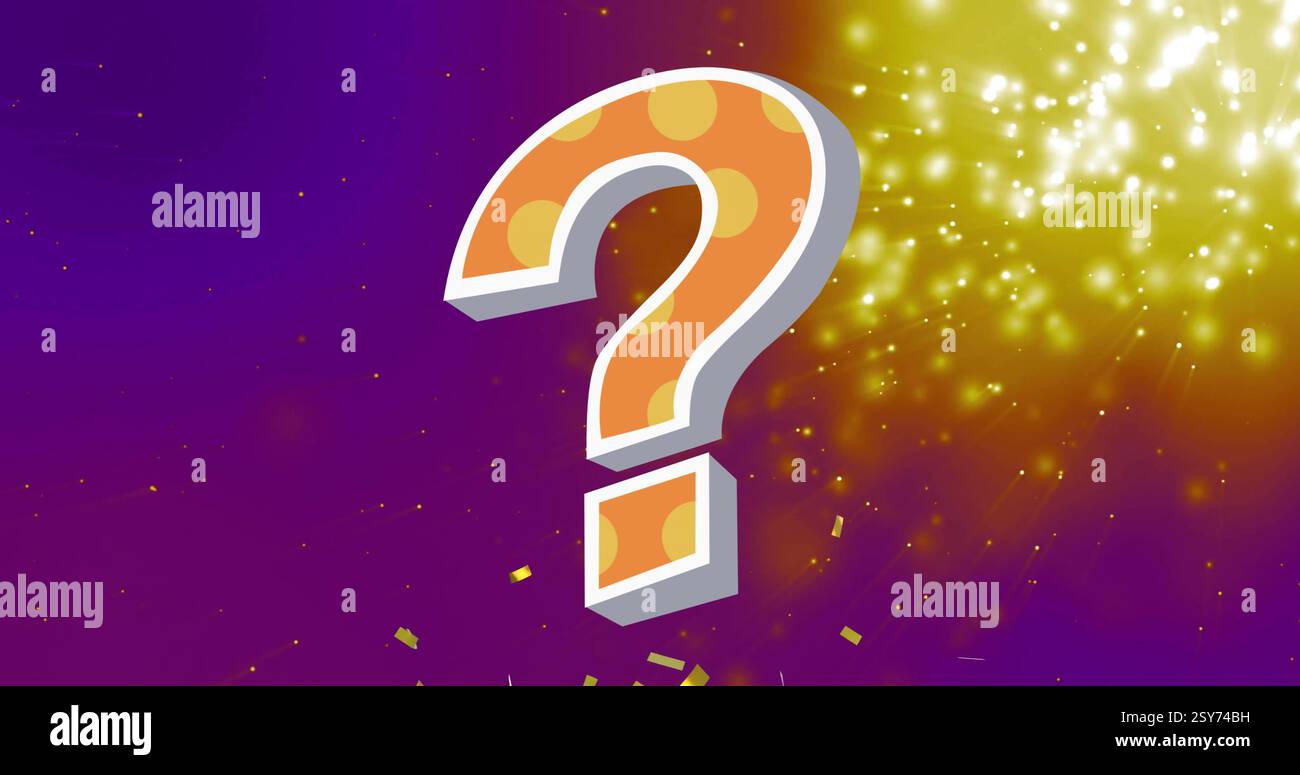Image of confetti and light spots over question mark on purple ...