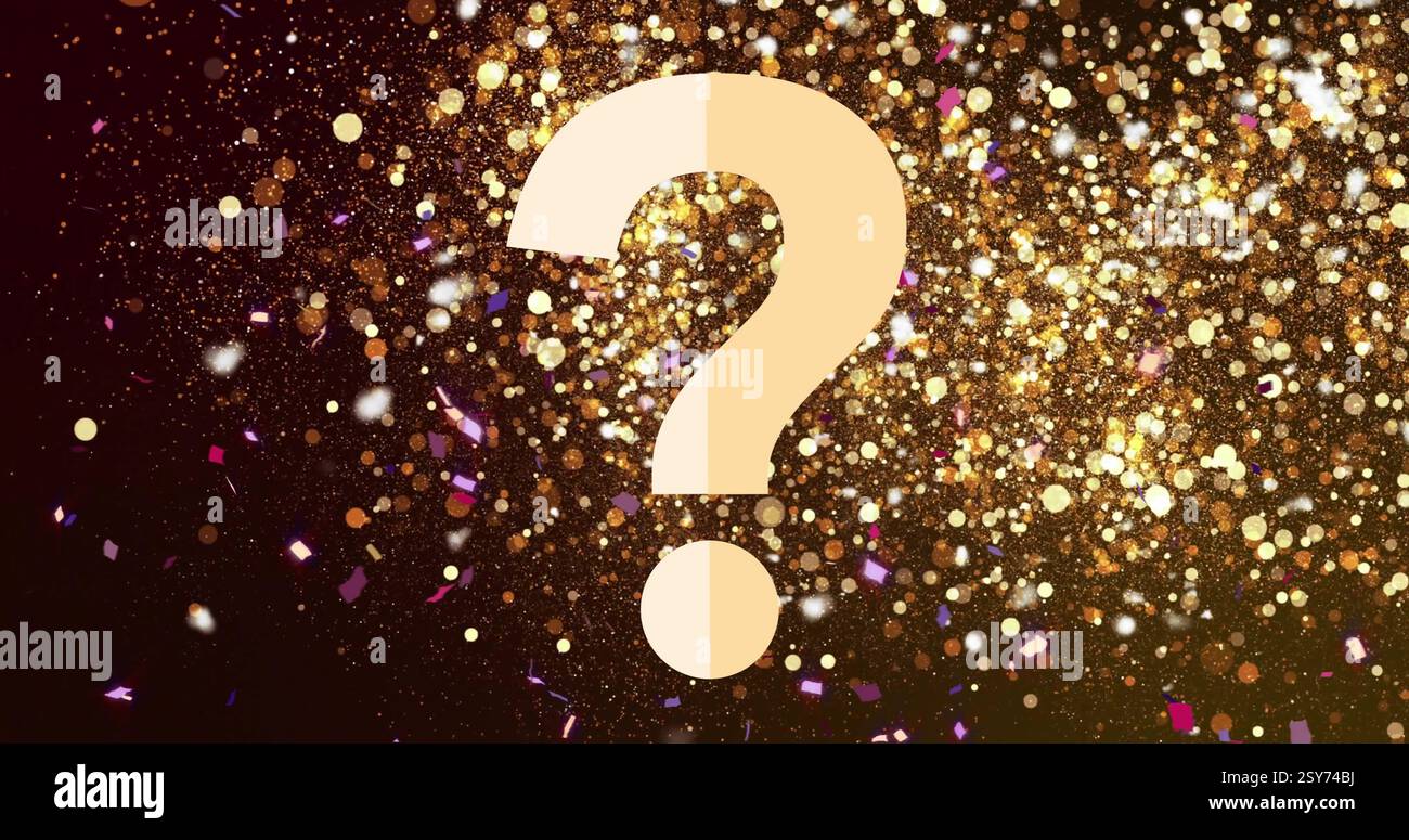 Image of confetti and light spots over question mark on black ...