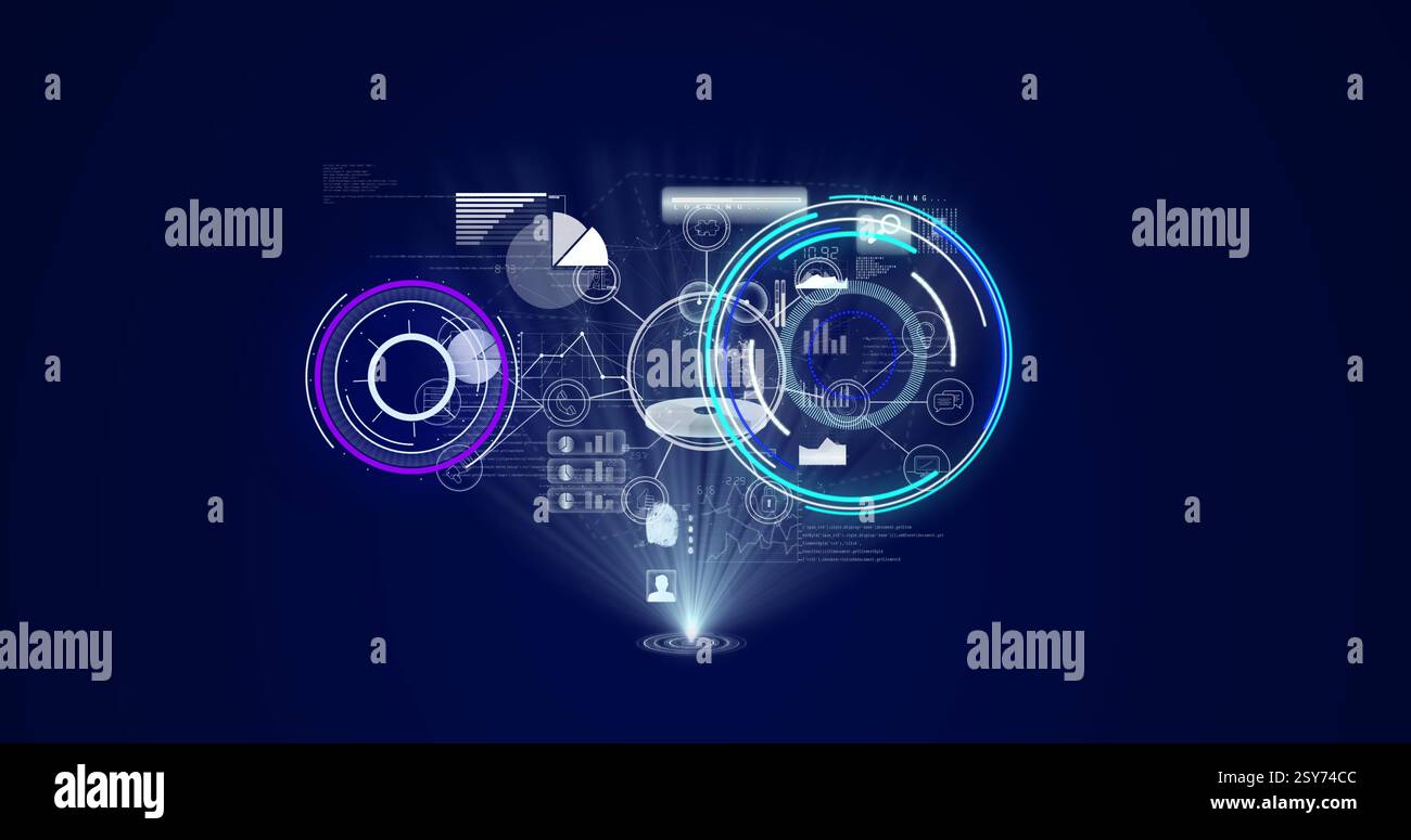 Image of circular scanner, processing data and communication network on dark blue background ...