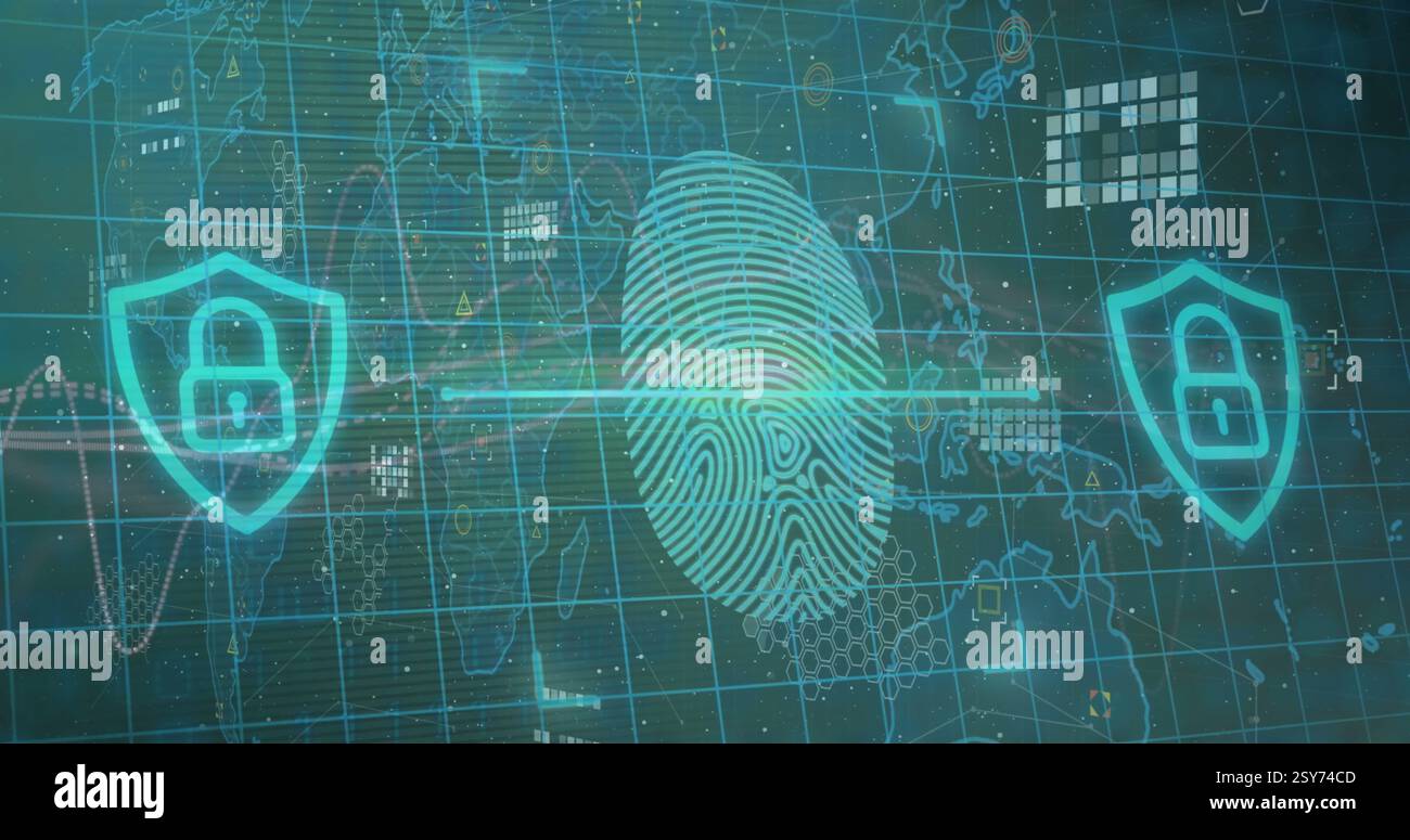 Image of biometric fingerprint with data processing over dark ...