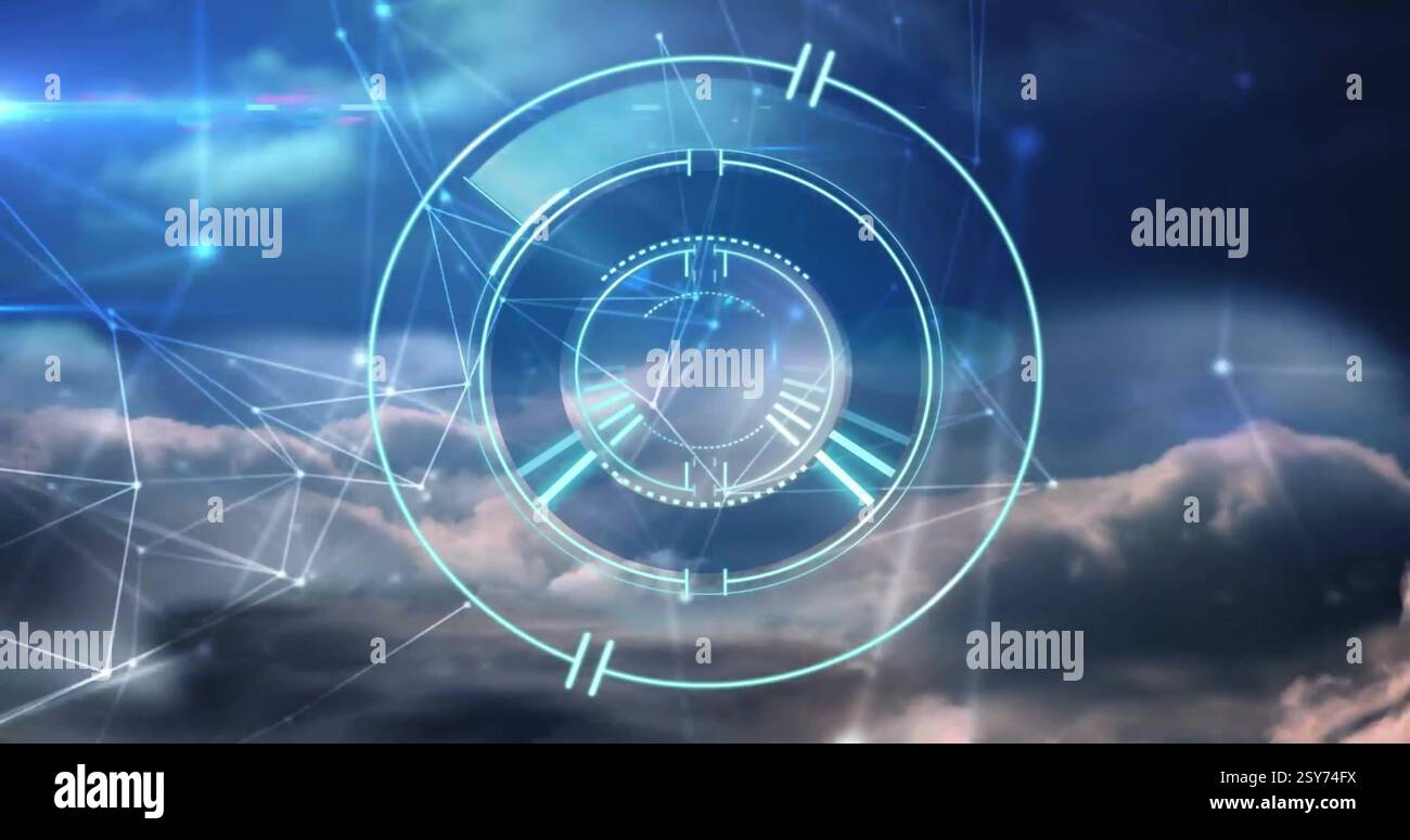 Image of scope, connections and digital data processing over clouds ...