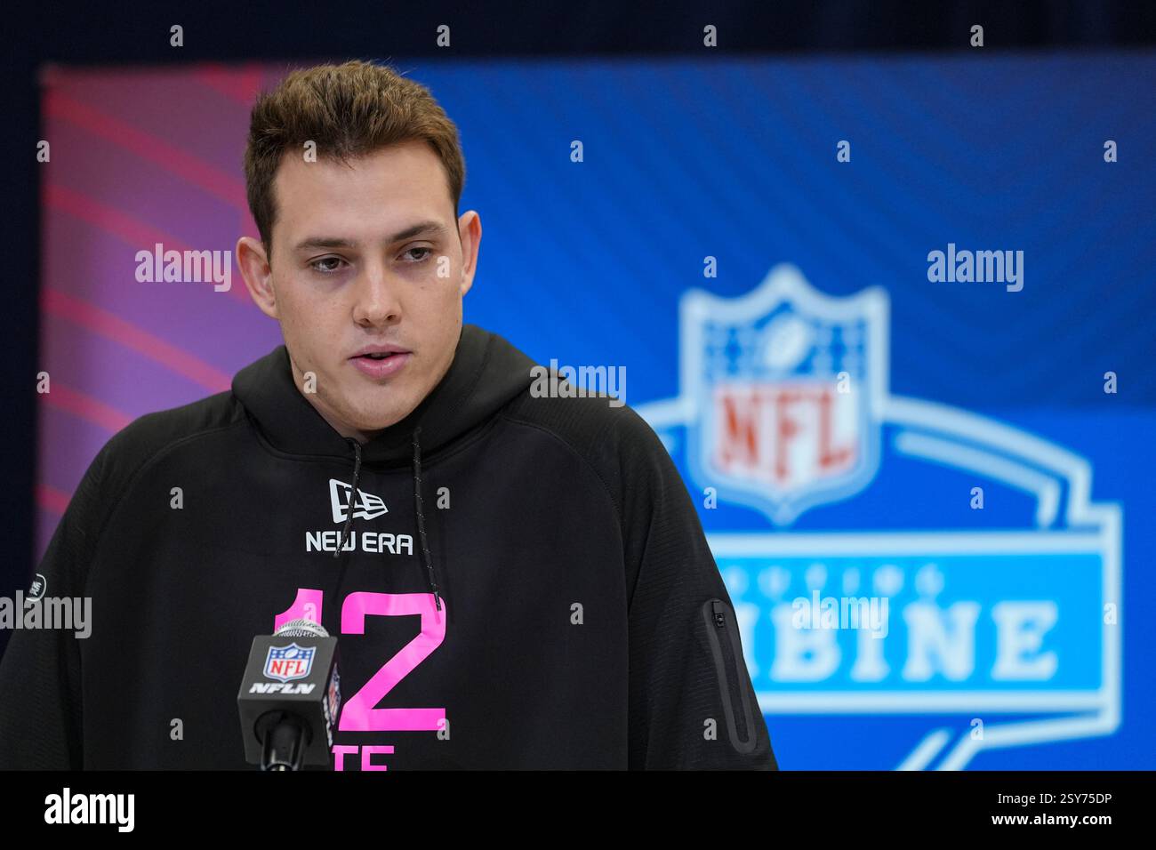 Texas tight end Gunnar Helm speaks during a press conference at the NFL ...