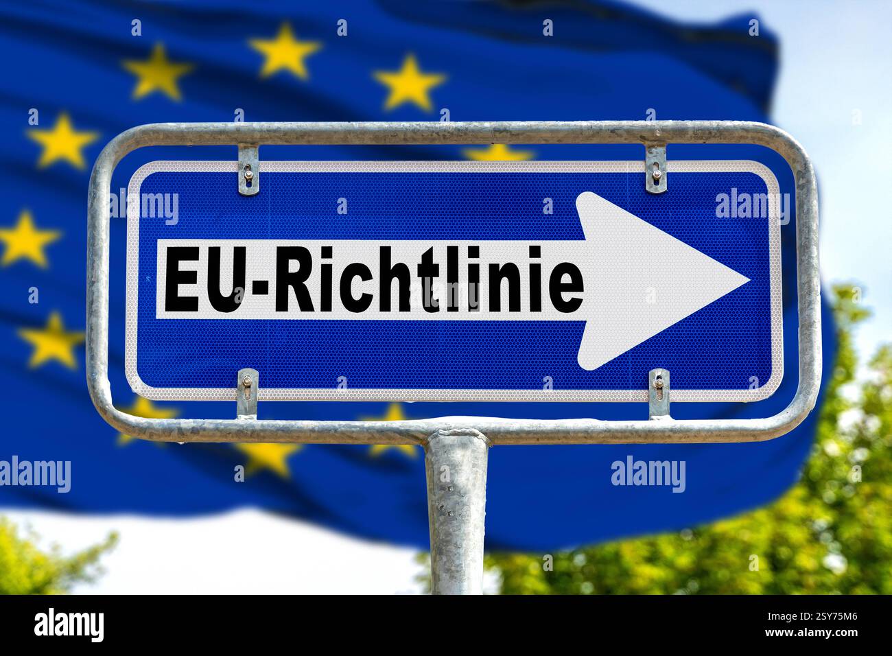 Bavaria, Germany - 26 February 2025: FOTOMONTAGE, a traffic sign with the inscription EU ...