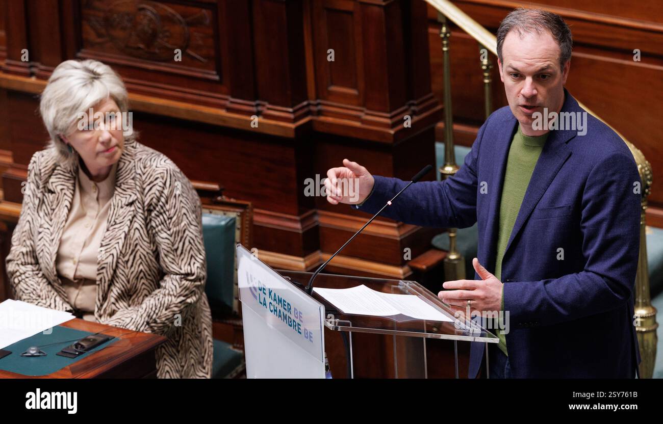 CD&V's Tine Gielis and Groen's Staf Aerts pictured during a plenary ...