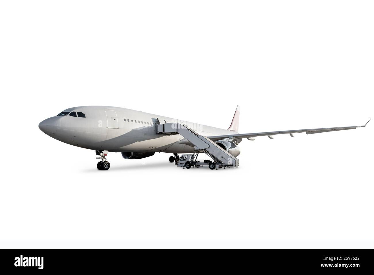 Wide body passenger plane with staircase isolated on white background ...