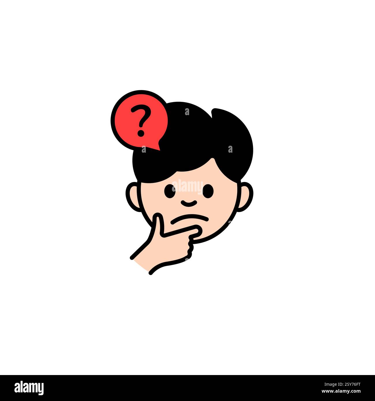 Thinking boy with red question mark bubble, symbolizing doubt or ...