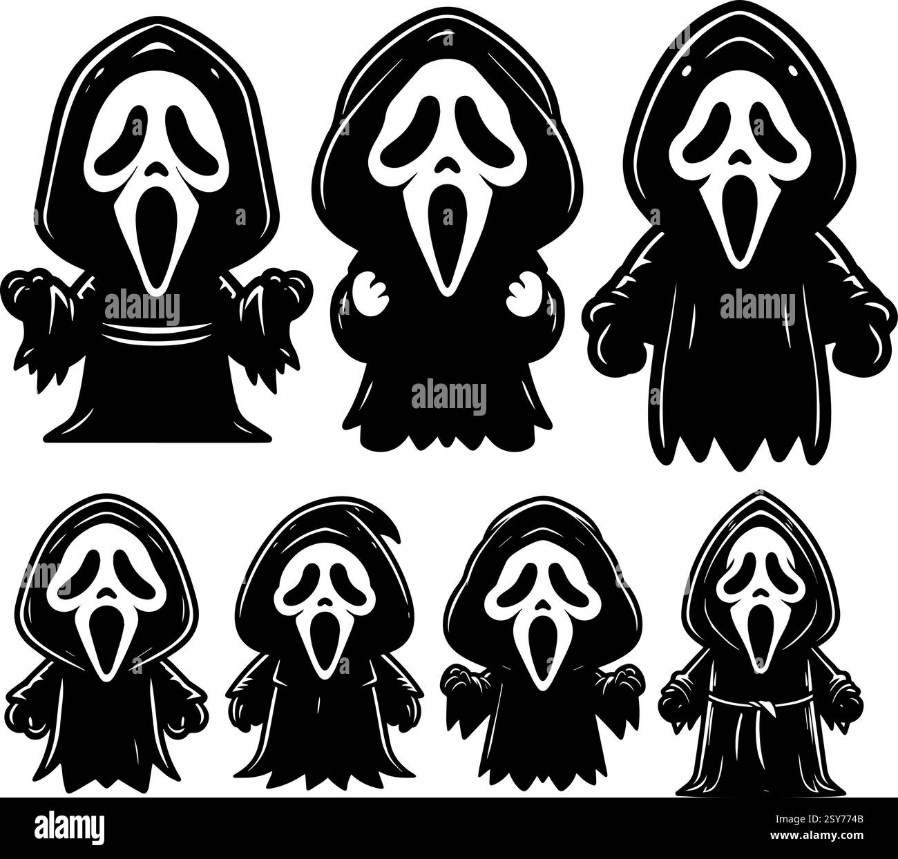 A cartoon figure in a black robe with a white Scream style mask Stock ...