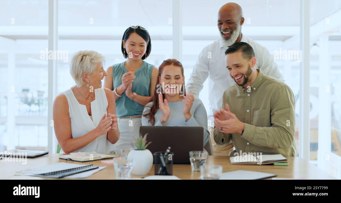 Business people, laptop and applause for teamwork collaboration, high ...