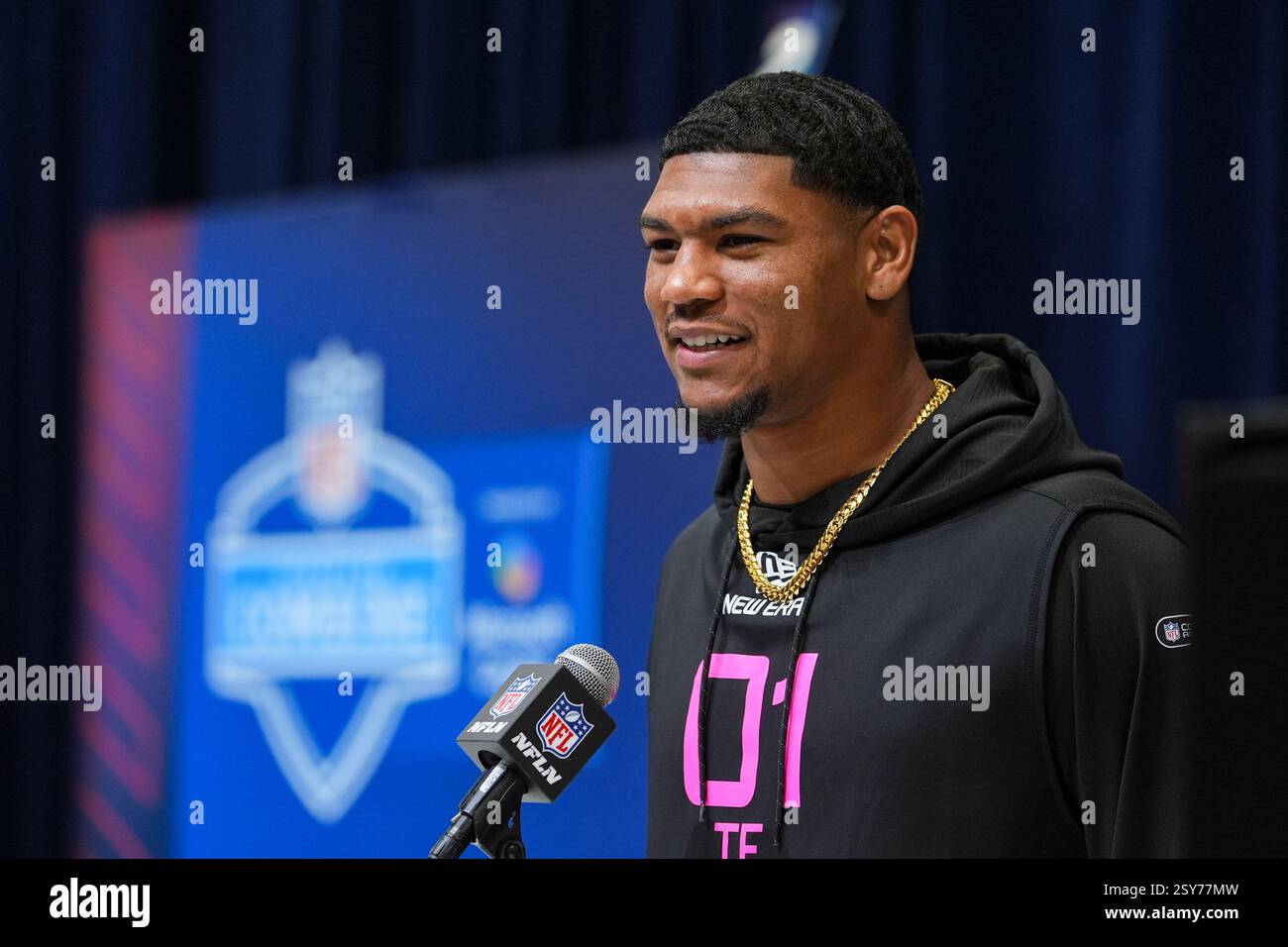 Miami tight end Elijah Arroyo speaks during a press conference at the ...