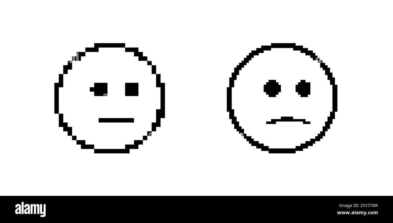 Pixel art faces with different emotions in simple black and white ...