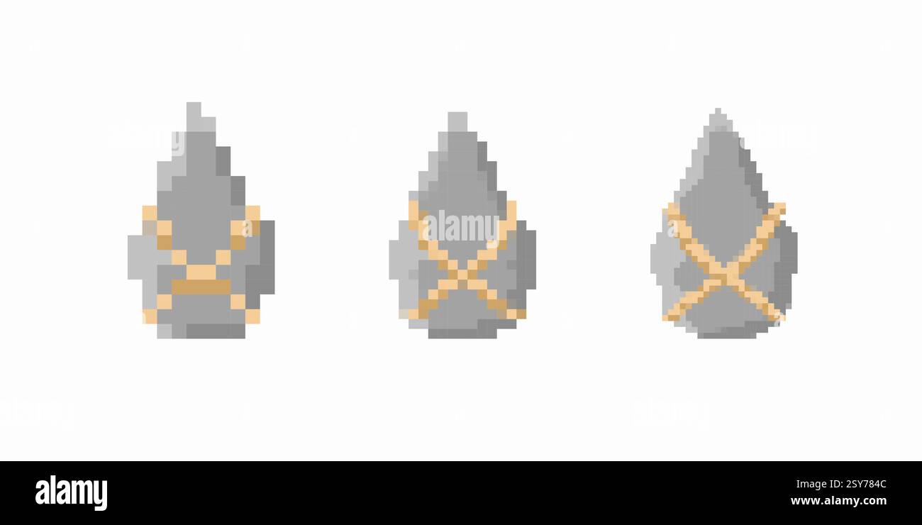 Three pixel-style gray objects with yellow accents in a simple digital ...