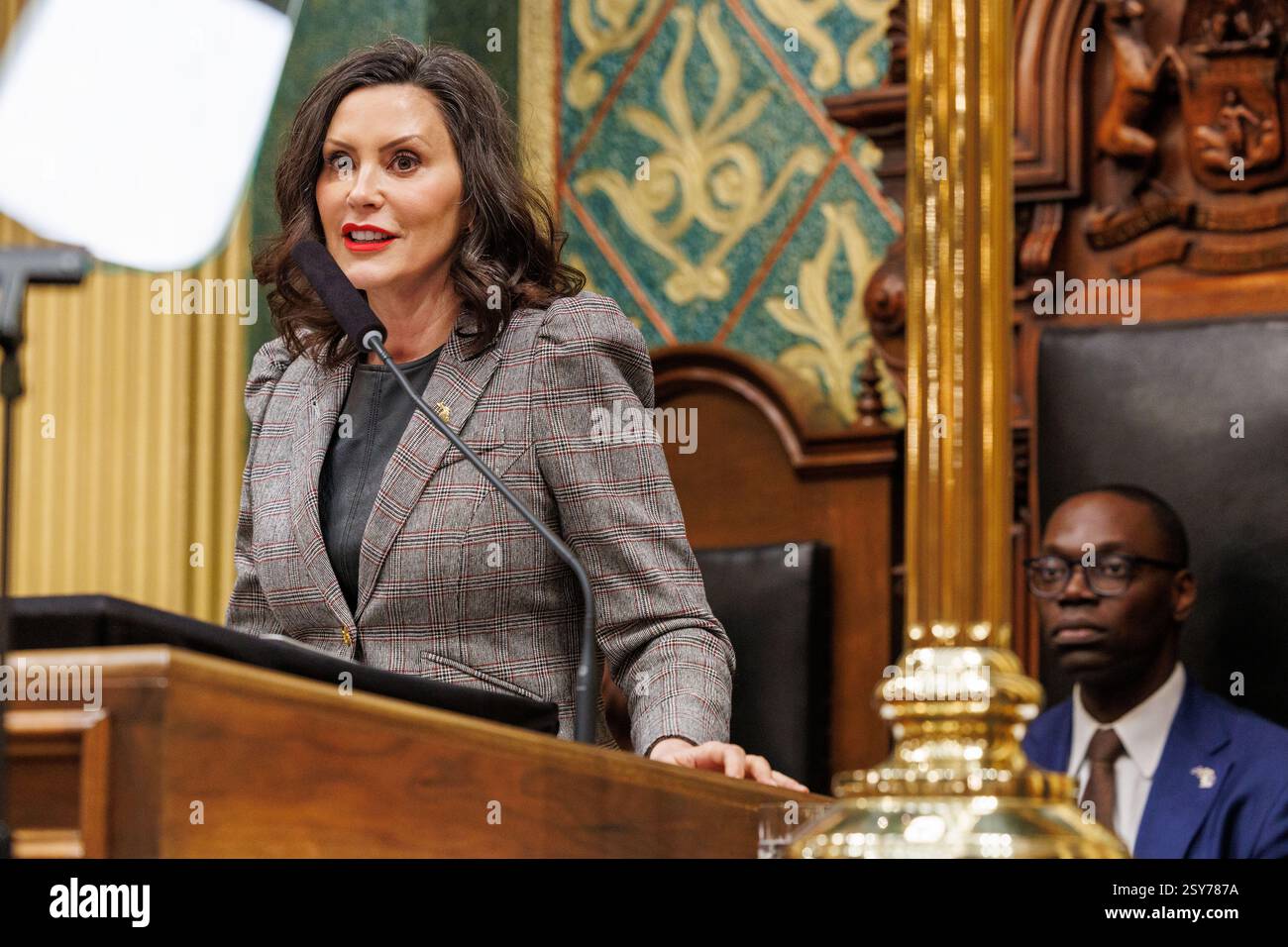 Lansing, USA. 26th Feb, 2025. Michigan Gov. Gretchen Whitmer delivers ...