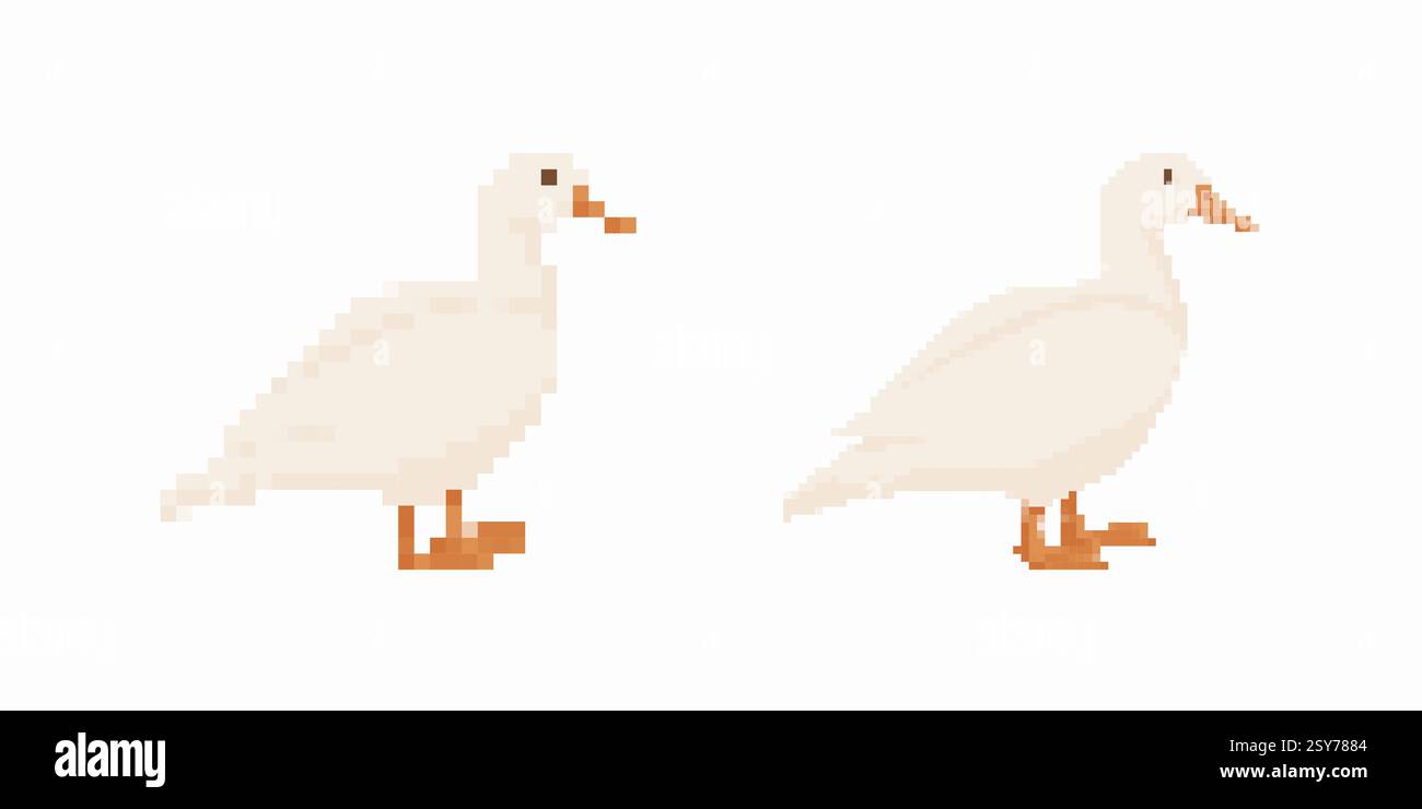 Two pixel art ducks with white body and orange beak facing left and ...