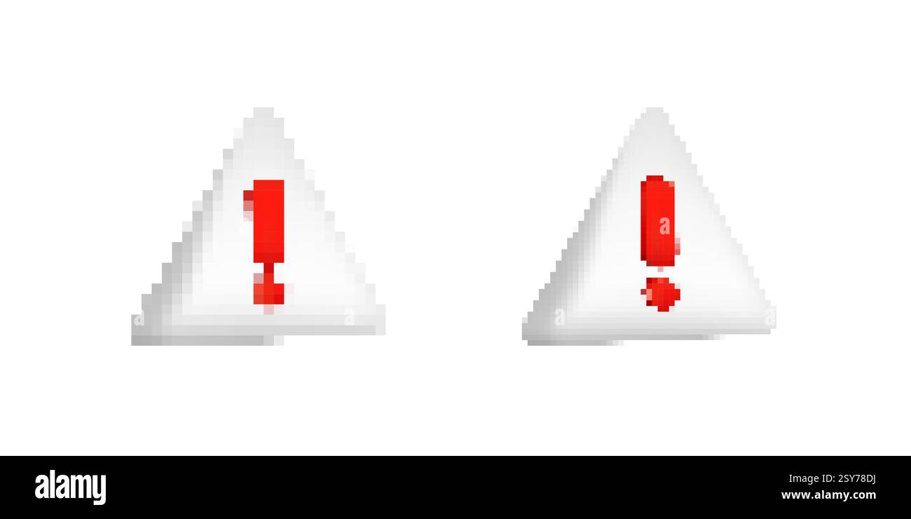 Pixelated red exclamation marks inside white warning triangles, digital ...