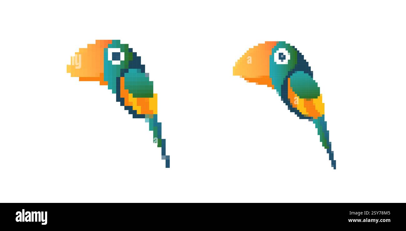 Colorful pixel art parrots with bright feathers in simple digital style ...