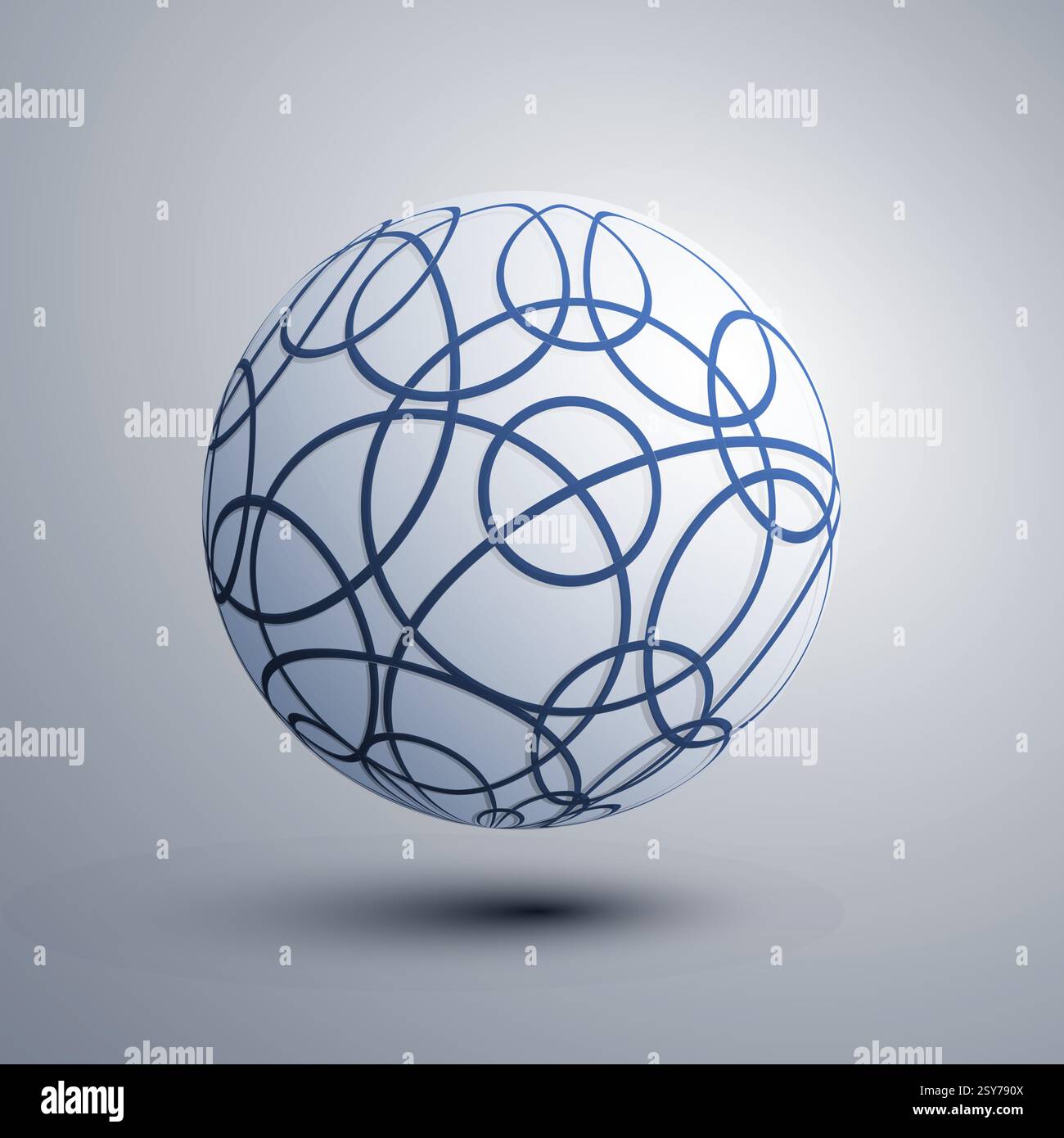 Abstract glowing sphere of tangled curvy, circular blue lines on a grey background. The ...