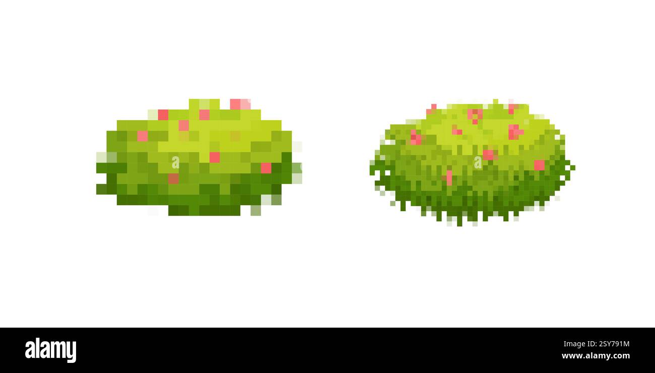Two pixel art grass bushes with pink flowers displayed in stylized ...