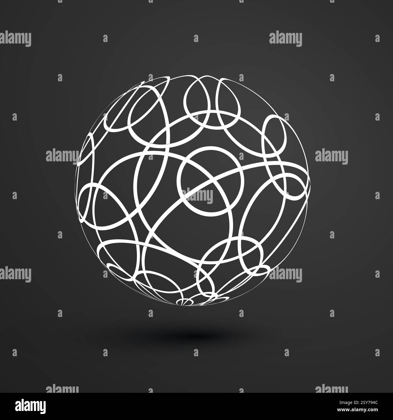 Abstract patterned sphere of tangled curvy, circular white lines on a black background. The ...
