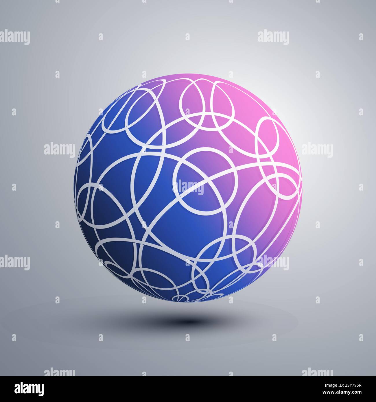 Abstract glowing sphere of tangled curvy, circular white lines on a grey background. The ...