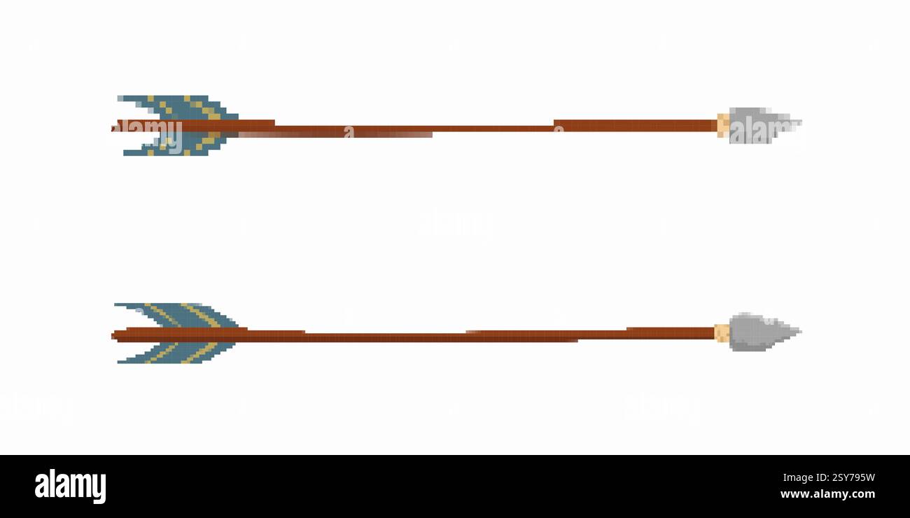 Pixel art style wooden arrows with feather fletching and stone ...