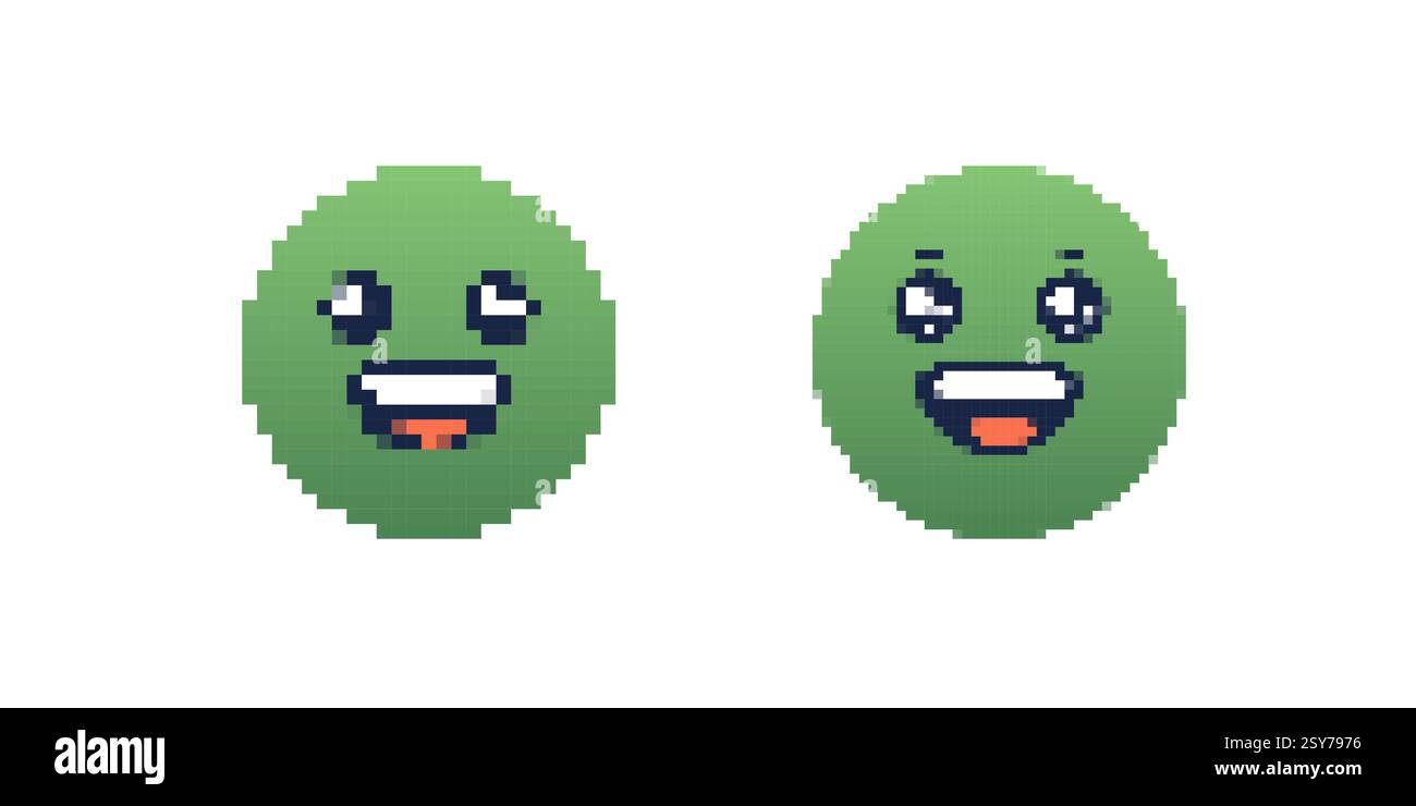 Pixel art green emojis with bright expressions and smiling faces in a ...