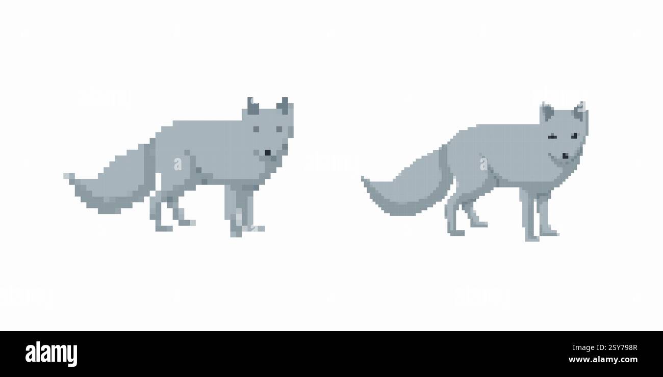 Two pixel art wolves showing unique simple stylized designs in grey tones with subtle details ...