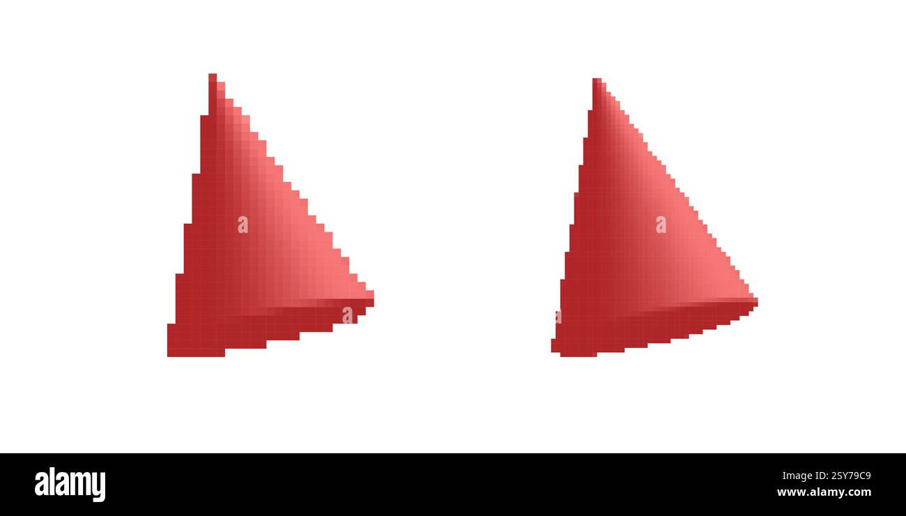 Two bright red pixelated cones positioned side by side on solid single ...