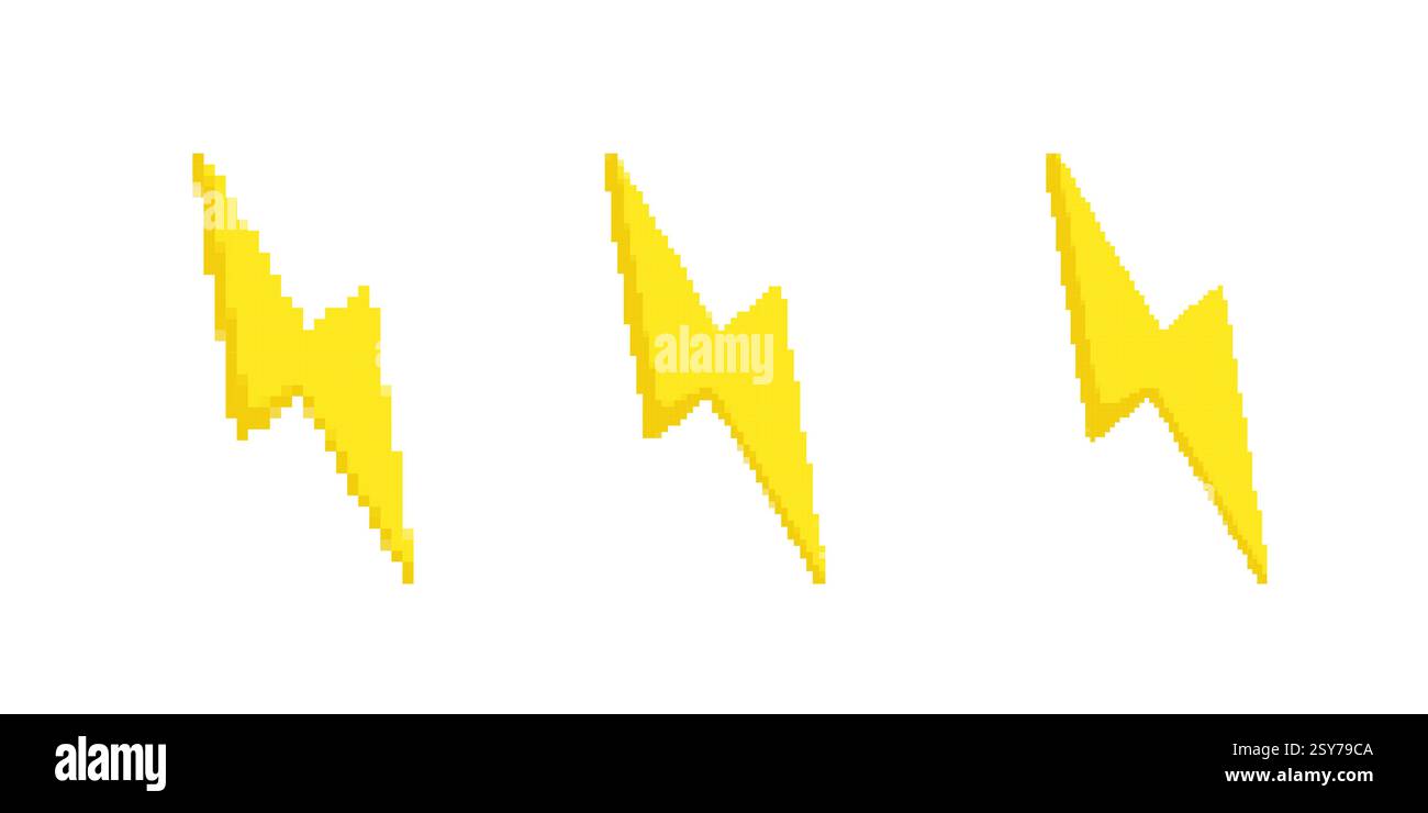 Pixelated yellow lightning bolts on white background, digital energy ...