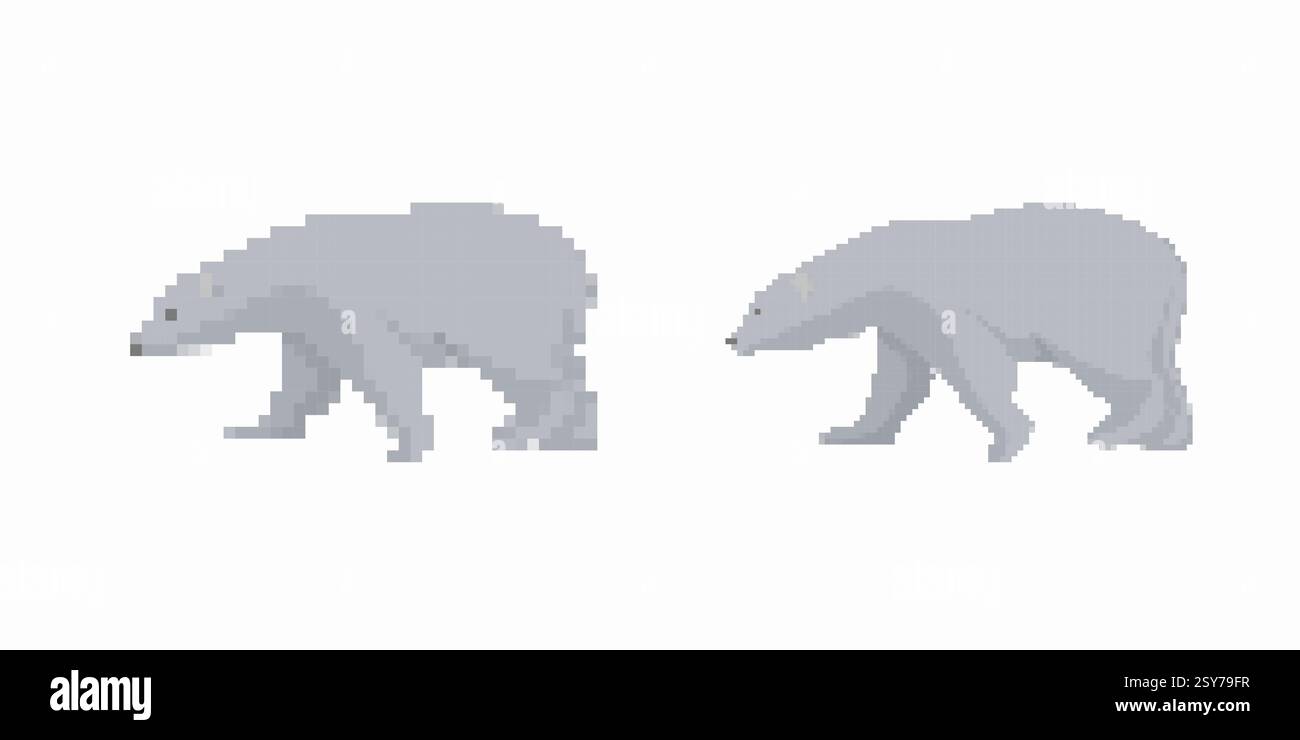 Pixel art illustrations of two polar bears walking with detailed ...